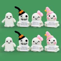 China Wholesale OEM Custom Halloween Crochet Ghost Doll Handmade Knitted Positive Ghost Amigurumi With Witch Hat & Funny Message Card for sale