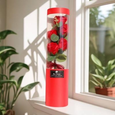 China Modern Handmade Waterproof Soap Rose Bouquet Transparent Cylinder Gift Box Custom Size Floral Gift for Multi-Holiday Wholesale for sale