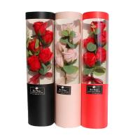 China Modern Handmade Waterproof Soap Rose Bouquet Transparent Cylinder Gift Box Custom Size Floral Gift for Multi-Holiday Wholesale for sale