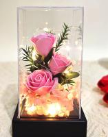 China 520 Eternal Flower Soap Bouquet Square Glass Cover Night Light Rose 3 Soap Flowers Valentine's Day Mother's Day Birthday Gift for sale