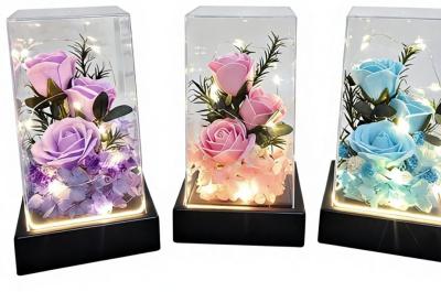 China 520 Eternal Flower Soap Bouquet Square Glass Cover Night Light Rose 3 Soap Flowers Valentine's Day Mother's Day Birthday Gift for sale