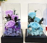 China 520 Eternal Flower Soap Bouquet Square Glass Cover Night Light Rose 3 Soap Flowers Valentine's Day Mother's Day Birthday Gift for sale