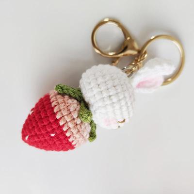 China Crochet Strawberry Bunny Keychain Creative Knit Weaved Handmade Cute Rabbit Carrot Doll Bag Accessories Plush Key Chain for sale