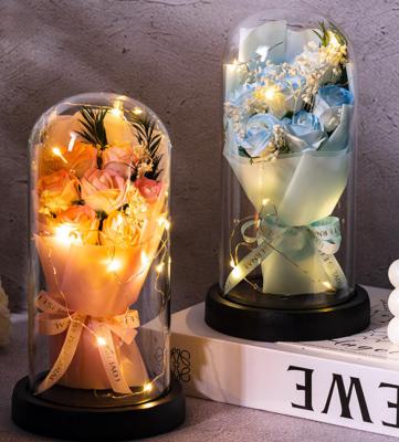 China Soap Flowers Glass Cover LED Valentine's Day Gift Romantic Artificial Soap Rose Bouquet Mother's Day Gift for sale