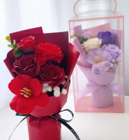 China Artificial Soap Flower Bouquet with Transparent Gift Box Preserved Rose Carnation Flower for Mother's Day Valentine's Day Gift for sale