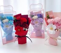 China Artificial Soap Flower Bouquet with Transparent Gift Box Preserved Rose Carnation Flower for Mother's Day Valentine's Day Gift for sale