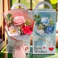 China Luxury Red/Pink/Purple Artificial Soap Flower Bouquet Clear Gift Box Long-Lasting Romantic Valentine's Day Gift for Her for sale