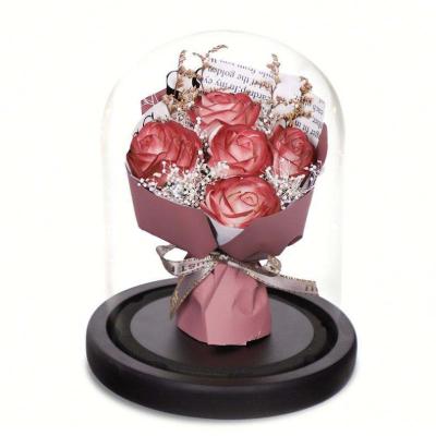 China Glass Dome Preserved Soap Flower Bouquet With Light Custom Color Indoor Decor Romantic Gift For Valentine Birthday Holiday Party Ornament for sale