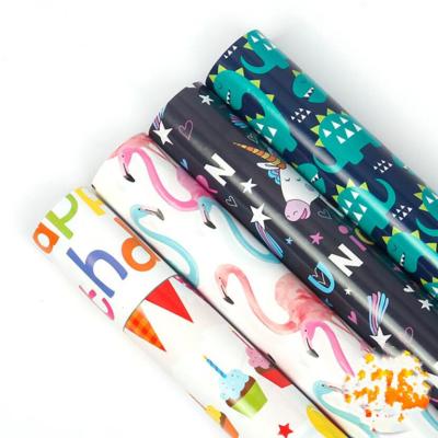 China Flamingos And Dinosaurs Gold Gift Wrap Paper Roll Cartoon Design For Kids for sale