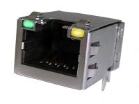 China Single port right angle surface mount modular jack connector Amphenol RJCSE538101 with integrated LEDs and EMI shielding for sale