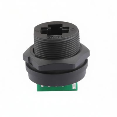 China Waterproof RJ45 Female Solder Board Rear Socket Connector CAZN E13T-FR6-PWF Threaded IP67 Rated for sale