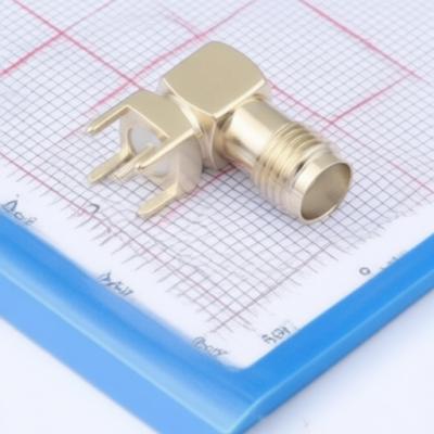 China 90 SMA Female Connector with Male Pin PCB Mounting Brass Gold Plated PTFE Insulator HJ Tech 2LC15SF047 DC to 6GHz for sale