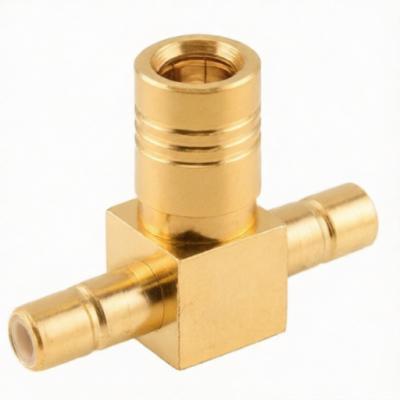 China Gold finish L-com LCAD30016 RF coaxial adapter SMB jack to plug tee connector with max VSWR 2.1 to 1 for sale