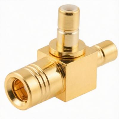 China Brass gold plated SMB coaxial tee adapter L-com LCAD30021 with SMB plug and two SMB jack connectors for sale