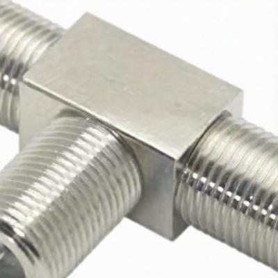 China 3X Type F Jack Adaptor Tee with F F F Connectors Brass Shell and Polypropylene Insulator L-com BA132 for sale