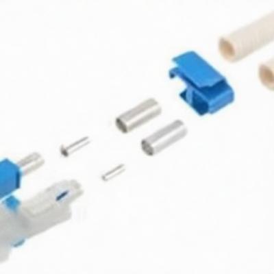China LCOM FOC LCSM0230 0L0E LC Duplex Fiber Connector 3.0mm SM Blue Long Boot with Eyelet and Crimp Ring for sale