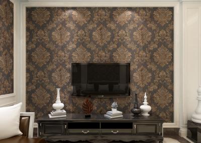 China Removable Victorian Damask Wallpaper Embossed Black and Golden Pattern , 0.53*10m/ roll for sale