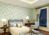China Hotel Bedroom Asian style Wallpaper Breathable with White Green Leaves pattern for sale