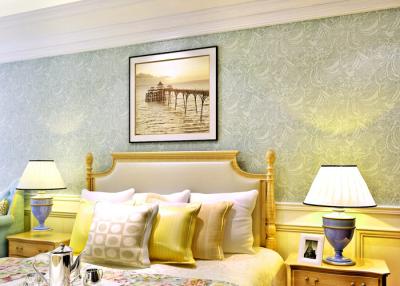 China Classic Style Embossed Living Room Wallpaper with Light Green Floral Pattern for sale