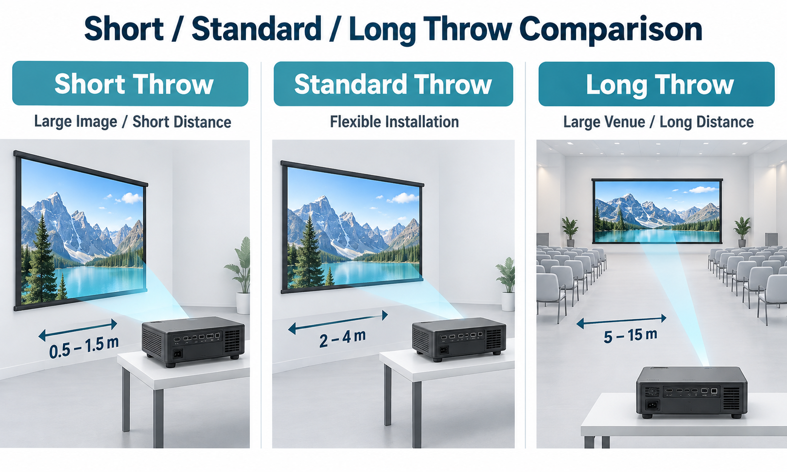short throw standard throw and long throw projector comparison