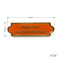 China Gold Plated Zinc Alloy Orange Enamel Metal Tag 40mm x 12mm Custom Logo Plate with Iron Prong Feet for sale