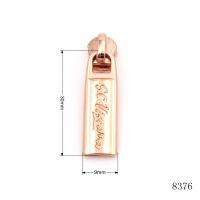 China Custom Rose Gold Metal Zip Puller Tag for Handbags with Logo Engraving Zinc Alloy 30mm for sale