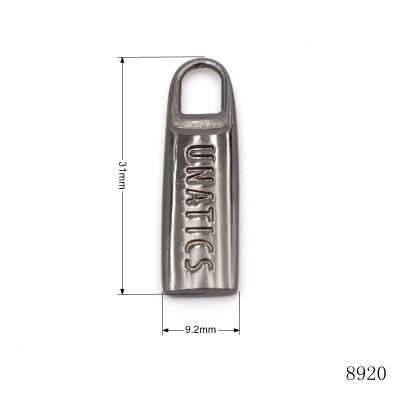 China Custom Deep Clear Logo Engraved Metal Zipper Puller Black Metal Zip Pull Tag For Handbag Hardware Accessories for sale
