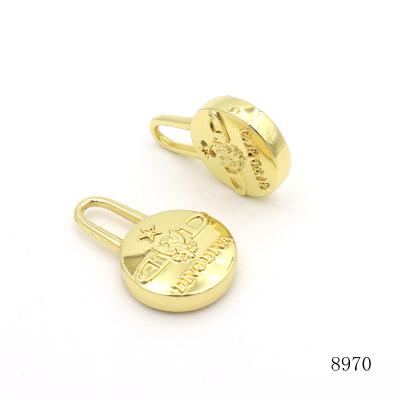 China Clear Brand Logo Engraved Metal Zip Puller Tag Round Shape Shiny Gold Metal Zipper Puller For Handbag Hardware Accessories for sale