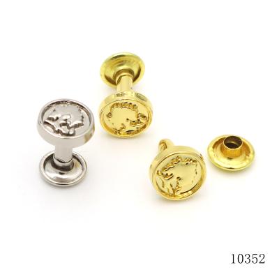 China Custom Zinc Alloy Screw Rivet, 3D Embossed Logo Round Metal Stud Rivet, Gold & Nickel Plated Double Cap Rivet, Bag Hardware Decoration Rivets for Handbag, Leather Craft and Wallet Accessories for sale