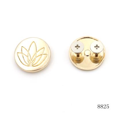 China Custom Zinc Alloy Metal Screw Rivet, Gold Plated Embossed Lotus Logo Round Bag Stud, Double Cross Screw Back Design, Decorative Metal Plate Rivet for Handbag, Purse, Wallet and Leather Craft Hardware for sale
