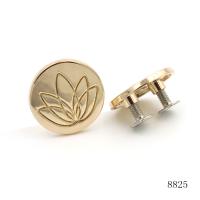 China Custom Zinc Alloy Metal Screw Rivet, Gold Plated Embossed Lotus Logo Round Bag Stud, Double Cross Screw Back Design, Decorative Metal Plate Rivet for Handbag, Purse, Wallet and Leather Craft Hardware for sale