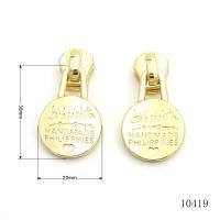 China Custom Engraved Round Metal Zipper Pull Gold Plated Handbag Zipper Charm for sale