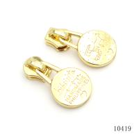 China Custom Engraved Round Metal Zipper Pull Gold Plated Handbag Zipper Charm for sale