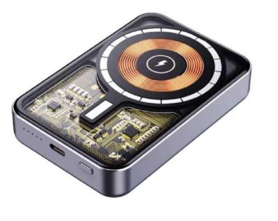 China 10000mAh Transparent Mecha Power Bank – 22.5W Wired + 15W MagSafe-Compatible Magnetic Wireless Charging, Gunmetal, Al Alloy Base, 94×63×17.5mm for sale