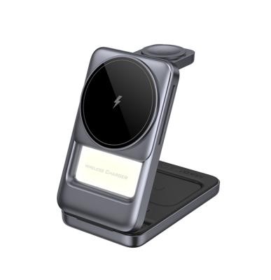 China Foldable 3-in-1 Wireless Charger,Blue/Gray, Silver/Gray, Plastic+Metal, 15W Phone, 2.5W Watch, 5W Earbuds, Night Light for sale