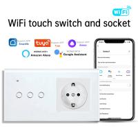 China Alexa Wifi Smart Wall Switch And Socket Dual USB Waterproof Tempered Glass Panel for sale