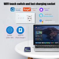 China Alexa Wifi Smart Wall Switch And Socket Dual USB Waterproof Tempered Glass Panel for sale