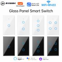 China Tempered Glass Smart Touch Switch with Voice Control and 2000W Max Load for WiFi+RF433 Home Automation for sale