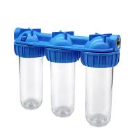 China Atalas Triple Water Filter Systems 10 Inch Clear Filter Housing 1 Inch 3/4 Inch Connect for sale