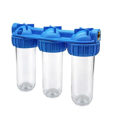 China Atalas Triple Water Filter Systems 10 Inch Clear Filter Housing 1 Inch 3/4 Inch Connect for sale