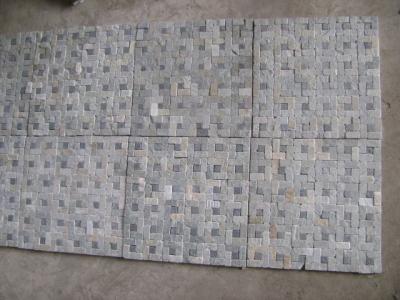 China Natural Stone Mosaic Black Slate Mixed Yellow Quartzite P014 305x305mm Wall Decoration for sale