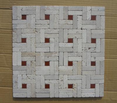 China Natural Stone Mosaic White Travertine Wall Mosaic 305x305mm with Red Stone Decoration for sale
