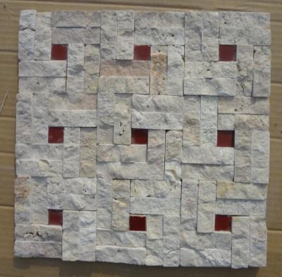 China Natural White Travertine Stone Mosaic Wall Tile 305x305mm with Red Stone Accent for sale