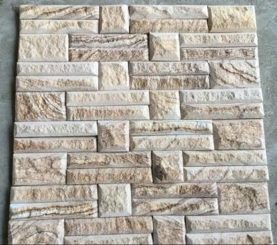China Wooden Sandstone Beveled Edges Stacked Stone Wall Panel 600x150mm Natural Split Veneer for sale