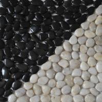 China White Mixed Black Pebble Mosaic 30x30cm Polished Cobble Stone on Mesh River Stone Sheet for sale