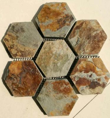 China Natural Rust Slate Hexagon Flagstone 4pcs per m2 Patio Pavers Wall Cladding 1.2-1.5cm Thick for sale