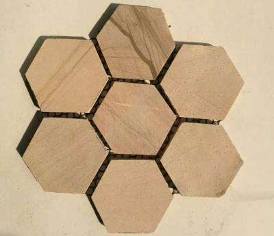 China Natural Red Sandstone Hexagon Flagstone 4pcs per m2 1.2-1.5cm Thick Patio Pavers Wall Cladding for sale