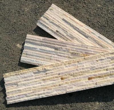 China Yellow Quartzite Ledgestone Culture Stone 600x150x15mm Waterfall Style Wall Veneer for sale