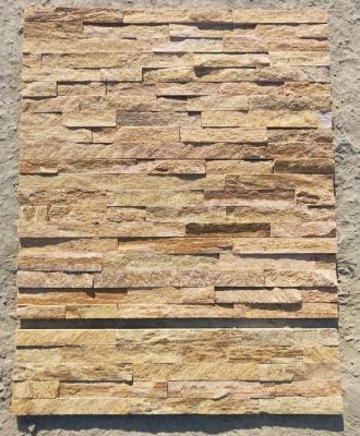 China Golden Yellow Quartzite Culture Stone Split Face Stacked Stone Natural Wall Cladding 600x150mm for sale