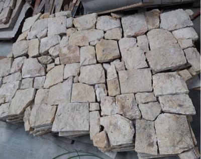 China Beige Limestone Meshed Flagstone 4 Mesh per m2 Natural Split Wall Cladding for sale